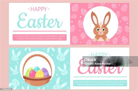 해피 부활절 전단지 토끼 부활절 달걀 바구니 벡터 일러스트레이션 계절에 대한 스톡 벡터 아트 및 기타 이미지 계절 고리 세공 귀 부분 Istock