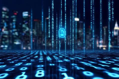 Digital Cityscape Security Data Streams Urban Backdrop Digital Lock Binary Code Cybersecurity