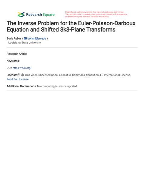Pdf The Inverse Problem For The Euler Poisson Darboux Equation And Shifted K Plane Transforms