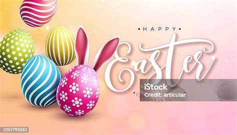 행복 한 부활절 그림 꽃 그린 달걀 토끼 귀 분홍색 배경에 그림 벡터 국제 종교 축하 휴일 디자인 인사말 카드 또는 배너에 대 한 타이포그래피 편지 3차원 형태에 대한 스톡