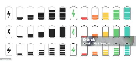 배터리 아이콘 세트 배터리 잔량 배터리 전원의 색상 수집 0명에 대한 스톡 벡터 아트 및 기타 이미지 0명 가득 찬 계기판 측정기 Istock