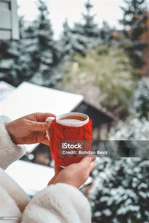 빨간 니트가 든 하얀 머그잔을 들고 있는 손 눈 내리는 겨울날 나무를 배경으로 야외에서 김이 모락모락 나는 차 감정에 대한 스톡 사진 및 기타 이미지 Istock