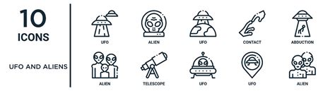 Ufo 및 외계인 개요 아이콘 세트에는 얇은 선 Ufo Ufo 납치 망원경 외계인 보고서 프리젠 테이션 다이어그램 웹 디자인을위한 외계인 아이콘이 포함됩니다 아이콘 세트에