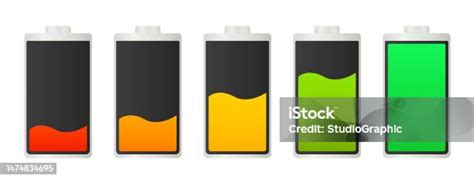 방전 및 완전히 충전 된 스마트 폰 배터리 배터리 잔량 표시기 세트 무선 충전 에너지 기호 전력 축전지 번들 벡터 그림 0명에