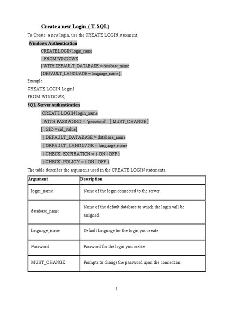 Creating New Logins And Users T Sql Pdf