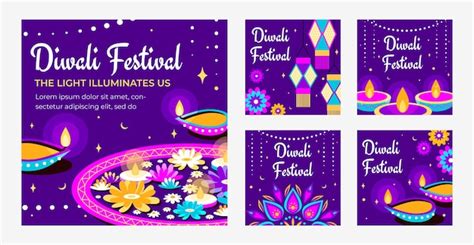 디왈리 축제 축하를 위한 플랫 인스타그램 게시물 모음 무료 벡터
