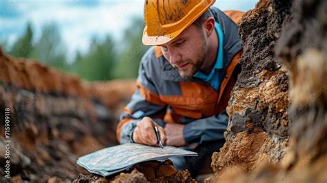 Geologist Examining A Cross Section Of Soil Layers Illustrating The