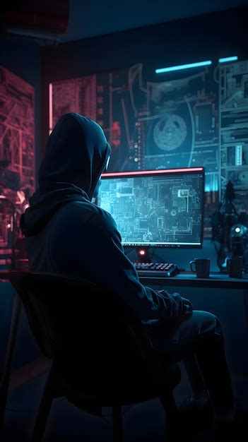 Free Photo Hacker Sitting In Front Of Computer Monitor In Dark Room Hacking Concept