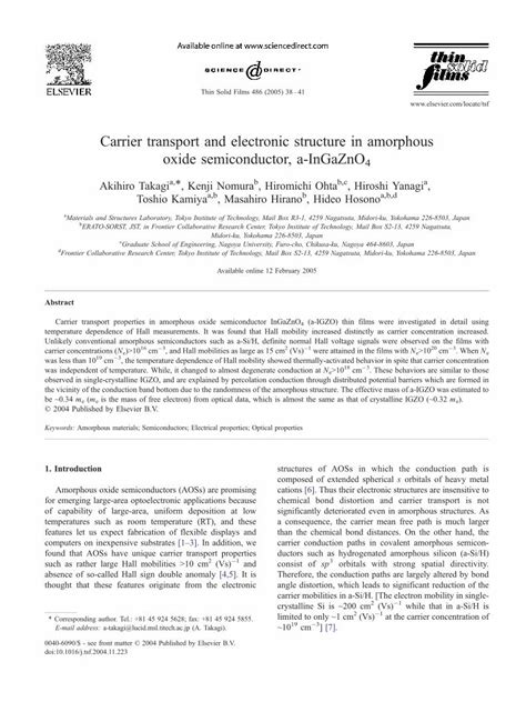 Pdf Carrier Transport And Electronic Structure In Amorphous Oxide Semiconductor A Ingazno4