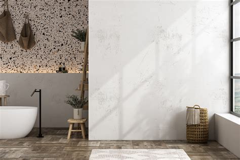 현대적인 미니멀리스트 욕실 인테리어 현대적인 욕실 캐비닛 흰색 세면대 나무 화장대 인테리어 식물 욕실 액세서리 욕조 흰 벽 테라조 바닥 3d 렌더링 화장실 건축물에 대한