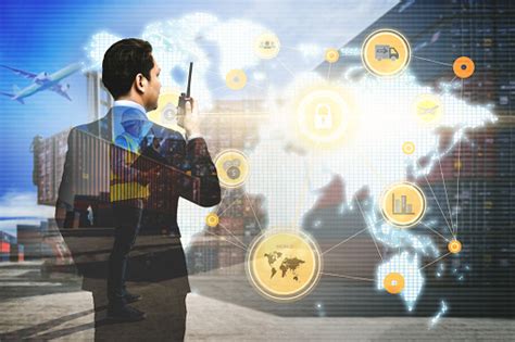 비즈니스 물류 개념 글로벌 비즈니스 연결 기술 인터페이스 컨테이너 화물 화물선 물류 가져오기 내보내기 배경에 이중 노출 개념의 글로벌 파트너 연결 건설 산업에 대한 스톡