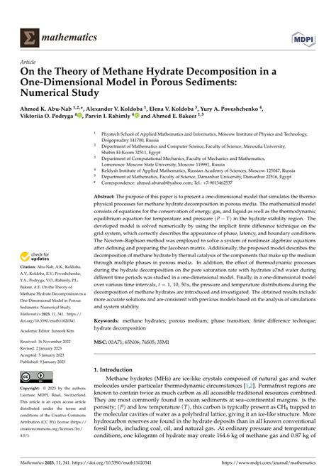 Pdf On The Theory Of Methane Hydrate Decomposition In A One Dimensional Model In Porous