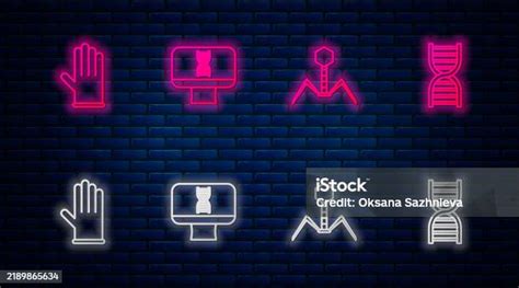 세트 라인 Dna 나선형 및 컴퓨터 박테리아 Bacteriophage 의료 고무 장갑 및 기호 벽돌 벽에 빛나는 네온 아이콘입니다 벡터 Dna에 대한 스톡 벡터 아트 및