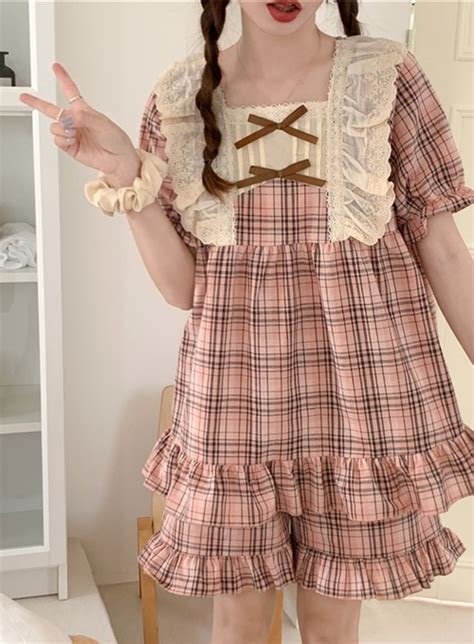 엣지걸 일본풍 체크 격자 잠옷 레이스 영국 소녀 디자인 리본 잠옷 투피스 잠옷원피스 선택 스타일 여성스러운 귀여운 편안한 옷