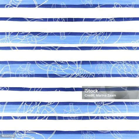 해양 테마 암 랍스터 파란 줄무늬 파도 바다 강 대 완벽 한 패턴의 수채화 그림 줄무늬 배경 여름 패턴 디자인 및 장식 0명에 대한 스톡 벡터 아트 및 기타 이미지 Istock