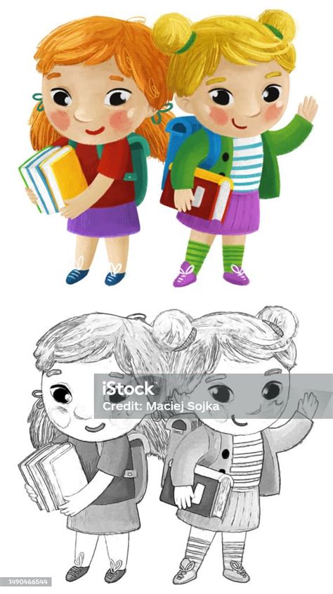 만화 아이 아이 소녀 여자 친구 우정 학생 학교에 가는 아이들을위한 어린 시절 일러스트레이션 학습 고름에 대한 스톡 벡터 아트 및 기타 이미지 Istock