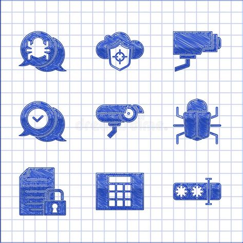 Set Security Camera Password Protection System Bug Document And Lock Check Mark In Speech