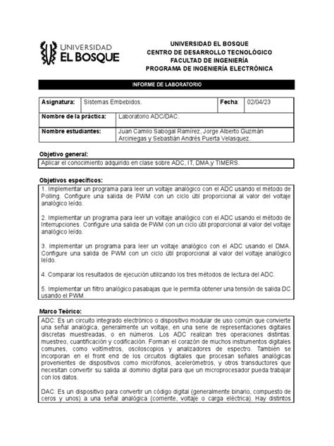 Informe De Laboratorio Adc Dac Sistemas Embebidos Sebastian Puerta Jorge Guzman Y Juan