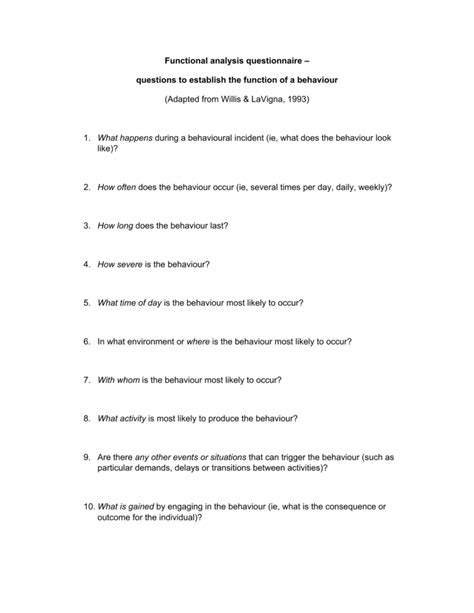 Functional Analysis Questionnaire Sycamore Send Support Services