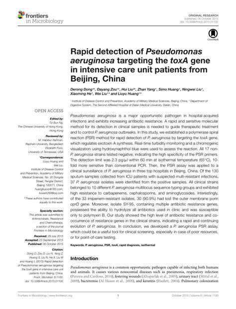 Pdf Rapid Detection Of Pseudomonas Aeruginosa Targeting The Toxa Gene In Intensive Care Unit