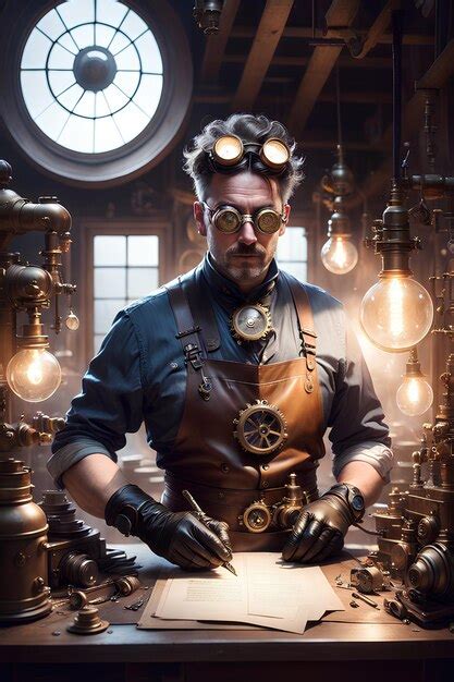 Premium Ai Image A Steampunk Inventor In A Cluttered Workshop