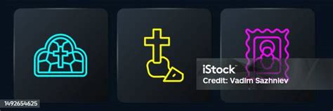 세트 라인 스테인드 글라스 기독교 아이콘과 십자가 검은색 사각형 버튼입니다 벡터 건축에 대한 스톡 벡터 아트 및 기타 이미지 건축 검은색 교회 Istock