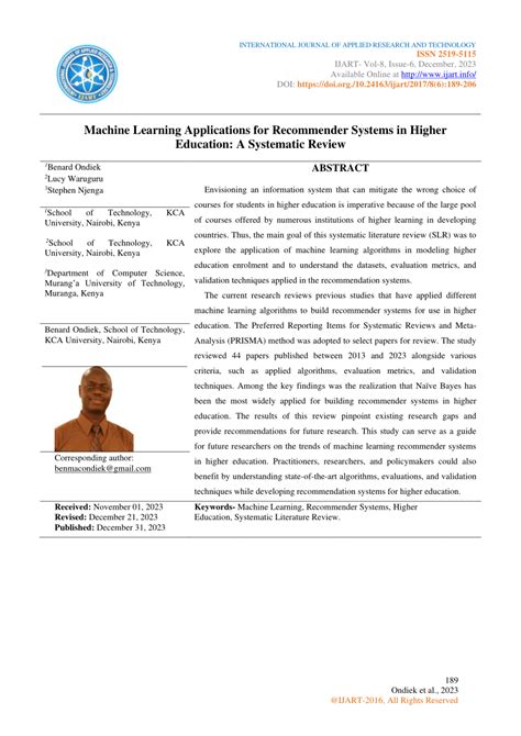 Pdf Machine Learning Applications For Recommender Systems In Higher Education A Systematic Review