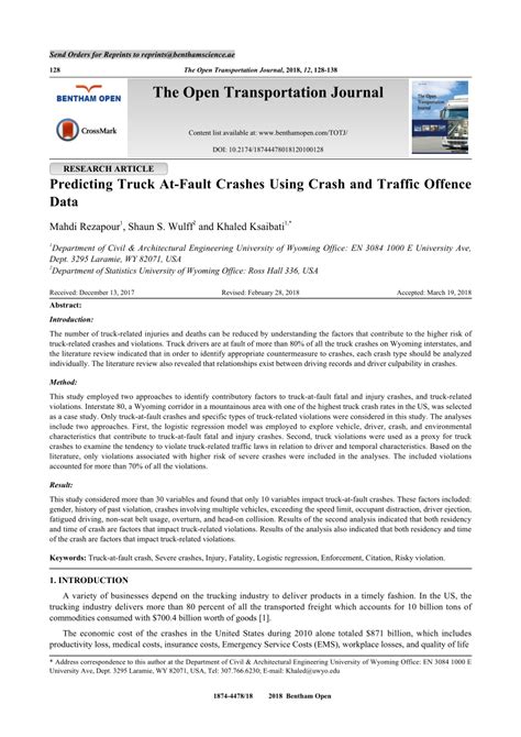 Pdf Predicting Truck At Fault Crashes Using Crash And Traffic Offence