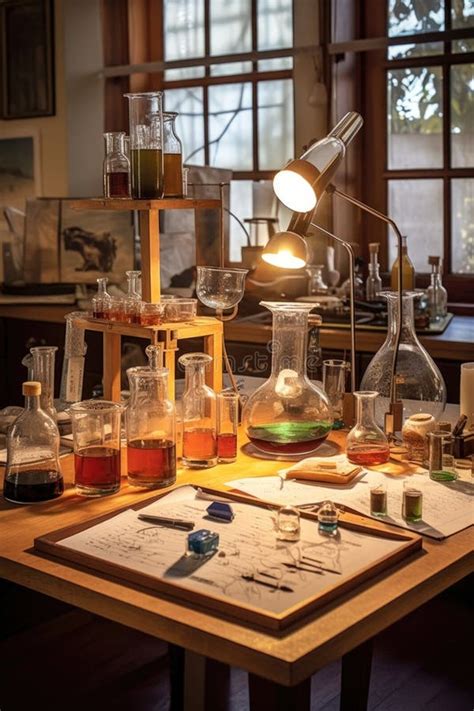 Science Experiment Setup With Lab Equipment And Notes Stock