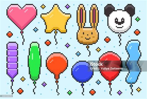 픽셀 아트에 있는 다양한 모양과 색상의 풍선 벡터 일러스트 레이 션 공휴일에 대한 스톡 벡터 아트 및 기타 이미지 공휴일 기념일 날기 Istock