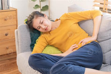 Flatulence Asian Young Woman Girl Hand In Stomach Ache Suffer From