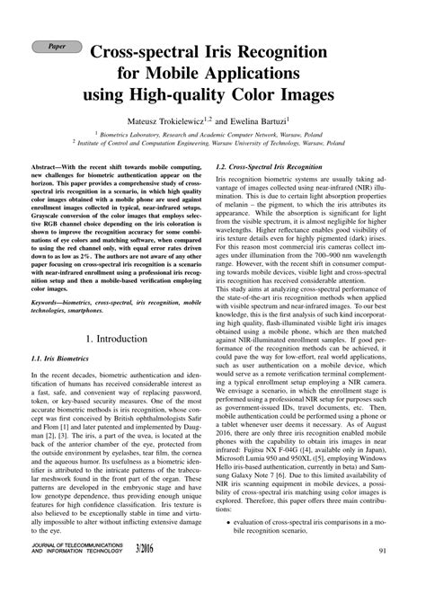 pdf cross spectral iris recognition for mobile applications using