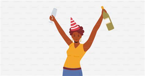 젊은 여성은 음료와 샴페인 병이 든 와인잔을 들고 재미있는 모자를 쓰고 휴일을 축하하는 여성 캐릭터 생일 파티나 축제 행사에서 술을 마신다 만화 벡터 일러스트레이션