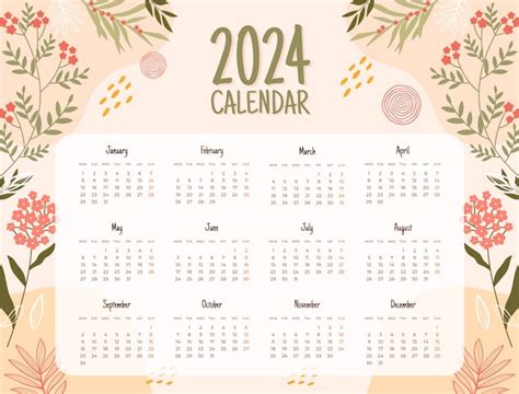 Плоский шаблон календаря 2024 года Бесплатно векторы