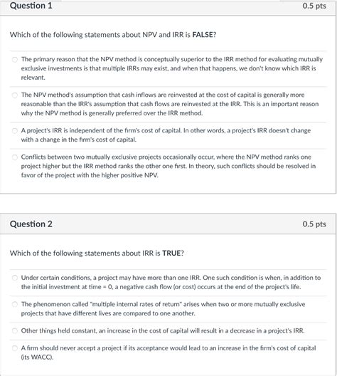 Solved Which Of The Following Statements About NPV And IRR Chegg Com