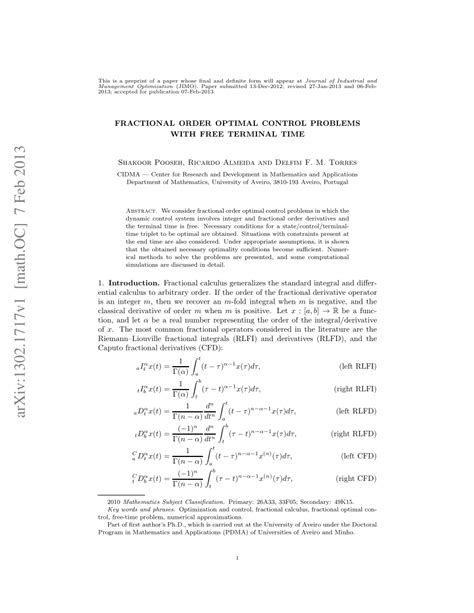 Pdf Fractional Order Optimal Control Problems With Free Terminal Time