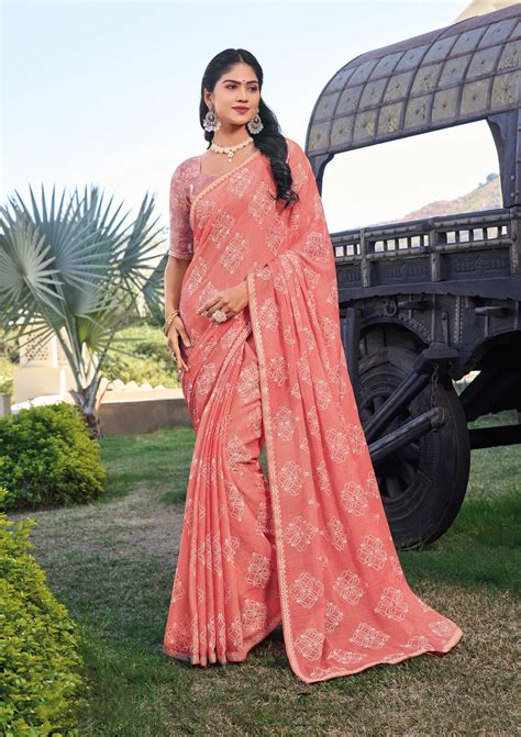 Best Chiffon Saree Laxmipati N 2448 Rang Panchami Peach Sanvi Creations