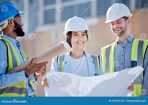 Blueprint Planning And Engineering With People On Construction Site For Teamwork Building And