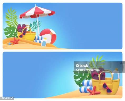 3d 렌더링 디지털 일러스트 레이 션 종이 공예 여름 휴가 해변 피크닉 열 대 섬 빈 배너 세트 카드 디자인 서식 파일 3차원 형태에 대한 스톡 사진 및 기타 이미지