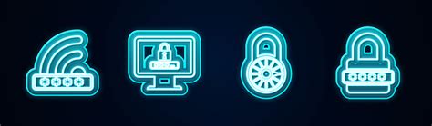 세트 라인 와이파이 잠겨 암호와 모니터 안전한 조합 휠 및 암호 보호 빛나는 네온 아이콘 벡터 강철에 대한 스톡 벡터 아트 및