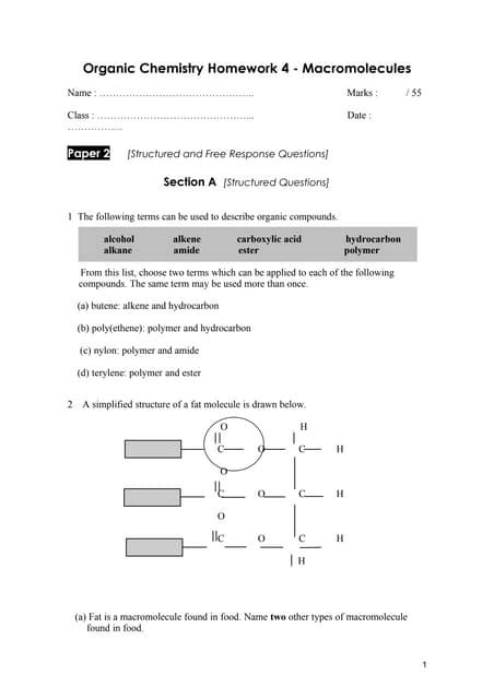Macromolecules Worksheet