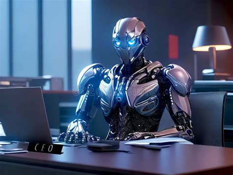 Futuristic Android Bot Employer Business Executive Sitting Behind
