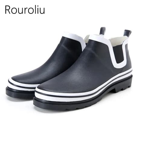 Rouroliu Mannen Enkel Rubber Regen Laarzen Platte Hakken Antislip Korte Regenlaarzen Elastische