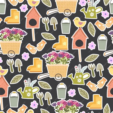 Premium Vector Spring Seamless Pattern With Cartoon Birds Watering Can Shovel Boots Flower