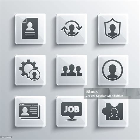 작업 헤드 헌팅 계정 만들기 화면 사용자 그룹 이력서 및 보호 아이콘으로 말풍선을 설정합니다 벡터 개념에 대한 스톡 벡터 아트