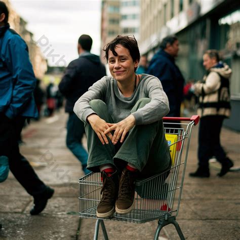 Worman With Short Blonde Hair Sits Confidently On A Shopping Cart Dark