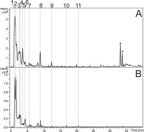 Base Peak Chromatogram Obtained By Positive A And Negative B Ion