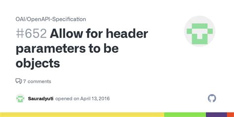 Allow For Header Parameters To Be Objects · Issue 652 · Oaiopenapi Specification · Github