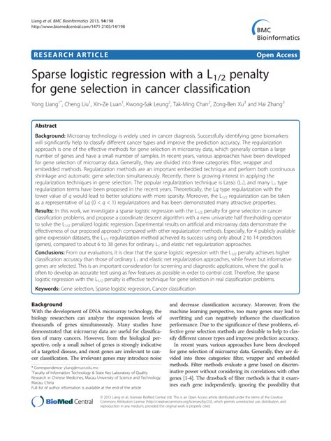 Pdf Sparse Logistic Regression With A L12 Penalty For Gene Selection In Cancer Classification