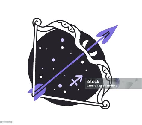 궁수자리 조디악 로그인 서클 아바타 활과 화살 모양의 별자리 윤곽선 별 별자리 기호 둥근 아이콘입니다 점성술 달력 흰색에 평면 절연 벡터 일러스트 레이 션 0명에 대한 스톡